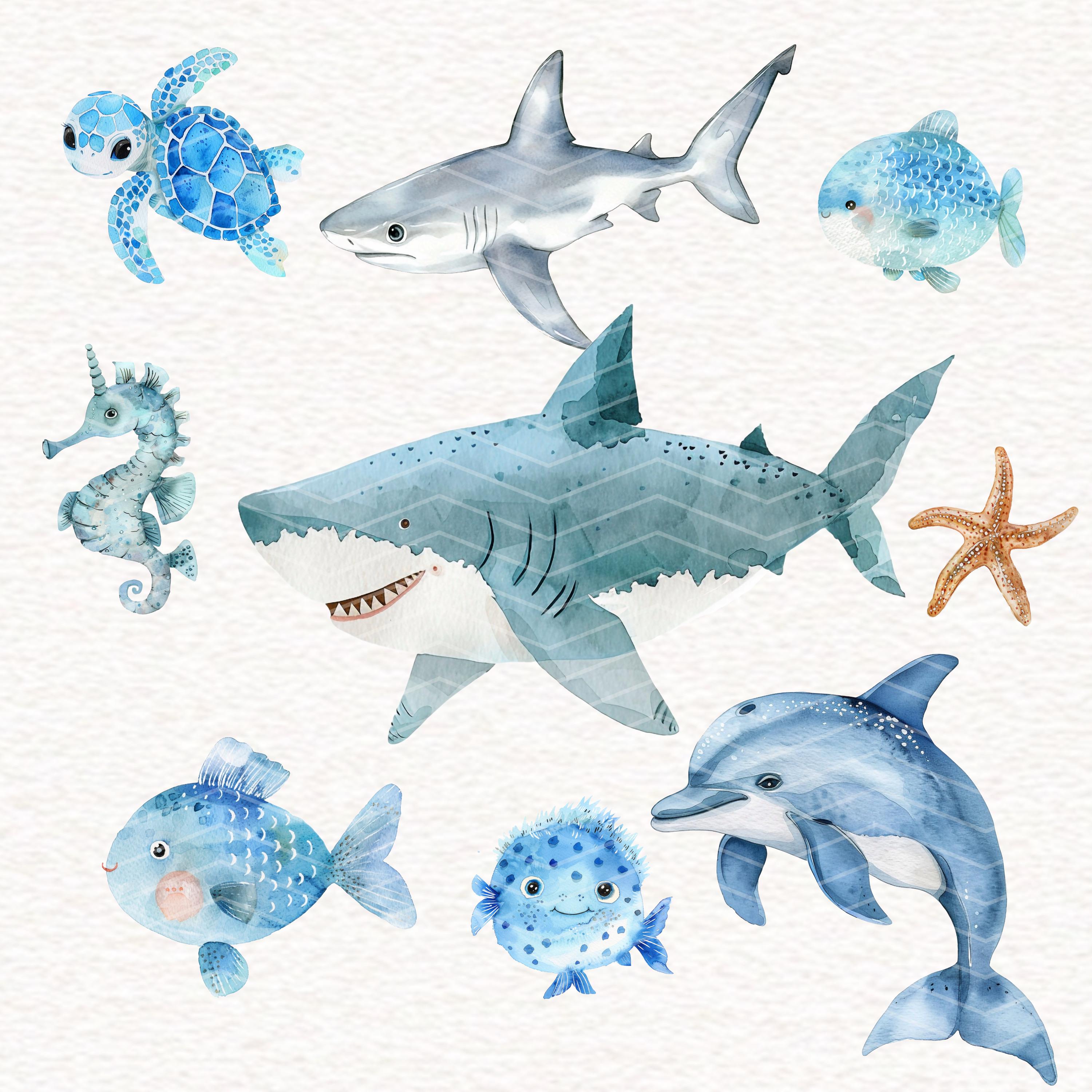 80 Watercolor Undersea Animals Clipart, Cute Ocean Animals Clipart ...