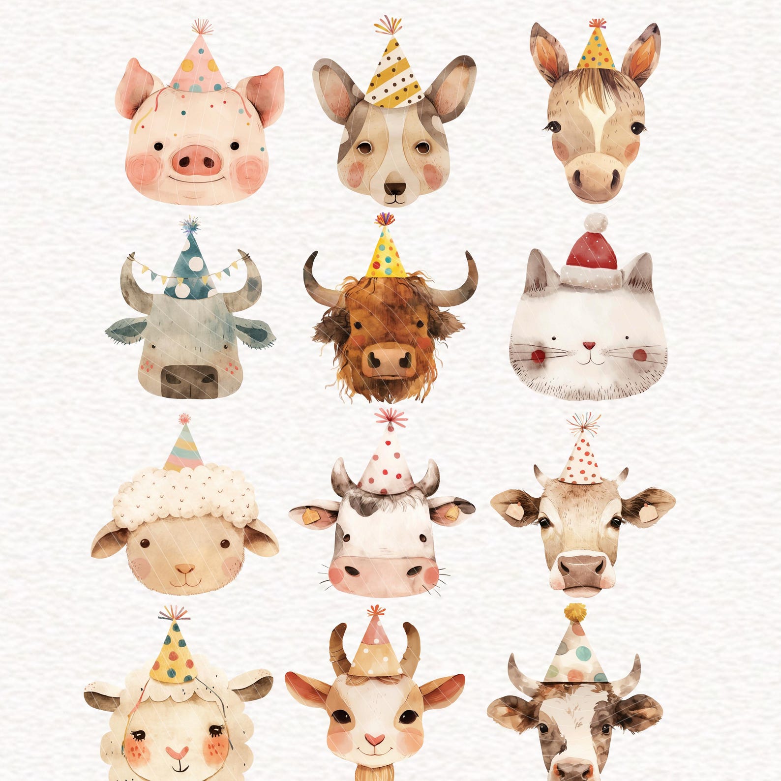 Birthday Farm Animals Party Clipart Cute Farm Watercolor Clipart Animal ...