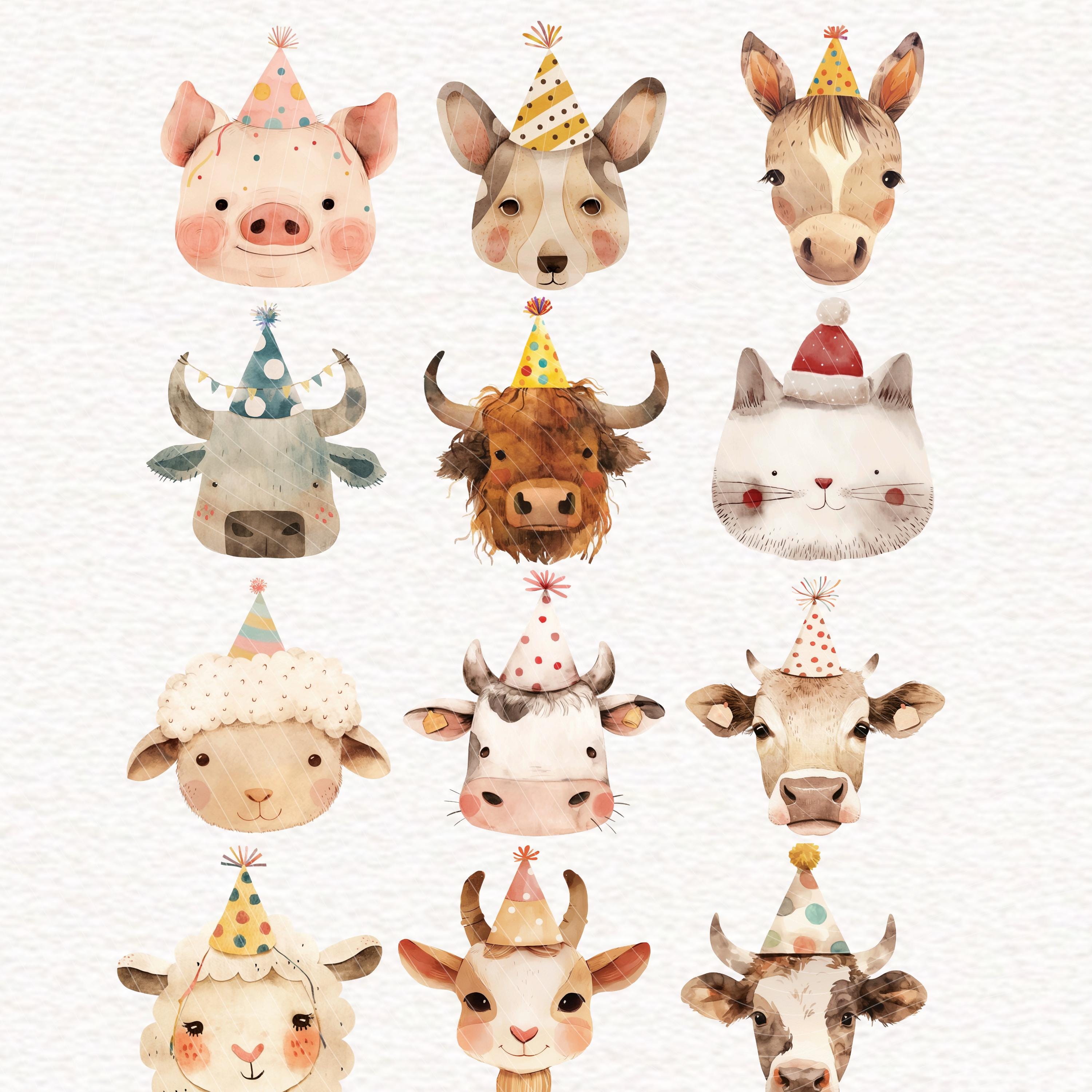 Birthday Farm Animals Party Clipart Cute Farm Watercolor Clipart Animal ...