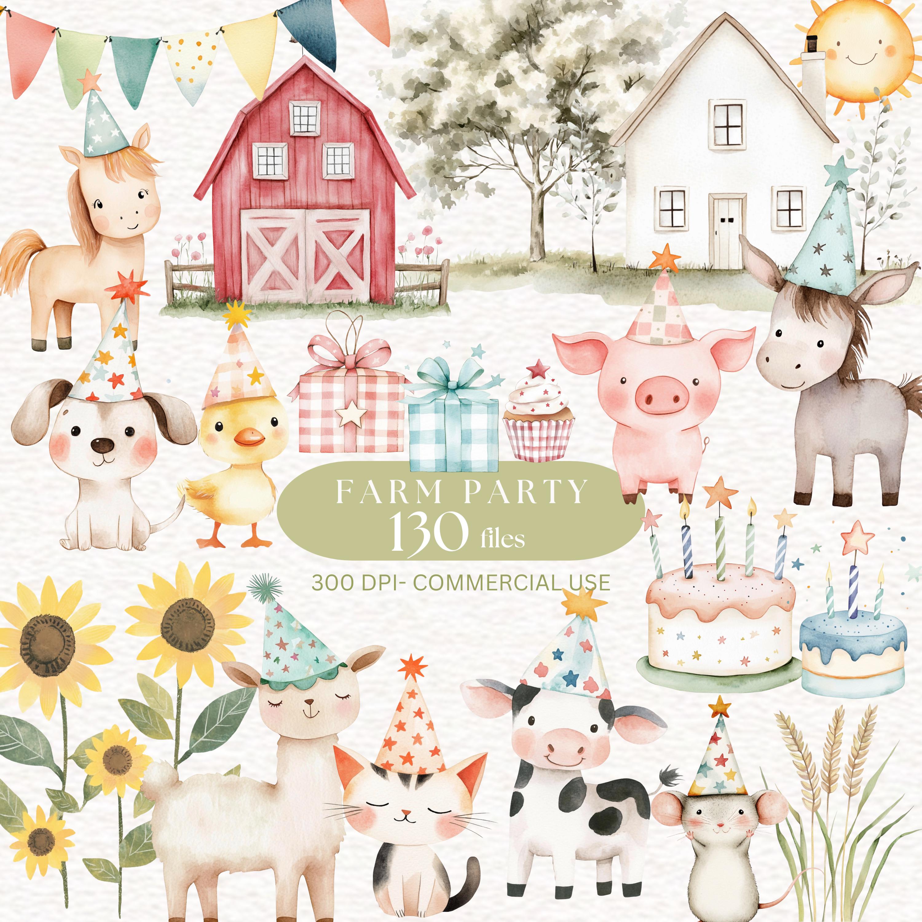 Watercolor Farm Animals Clipart Cute Farm Party Clipart Animal Birthday ...