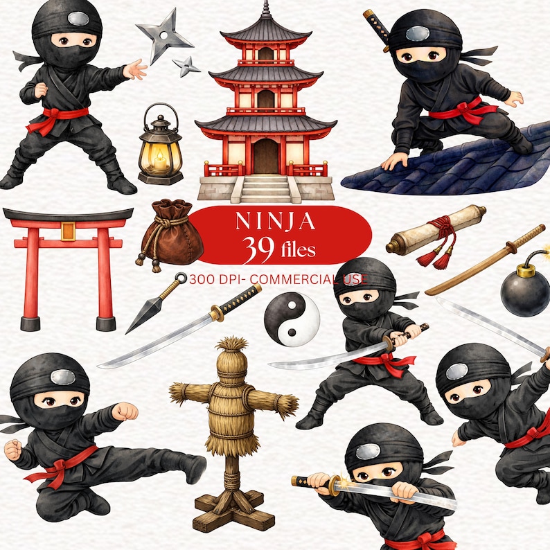 Watercolor Cute NINJA Clipart, Ninja Boys Png, Martial Arts Image ...