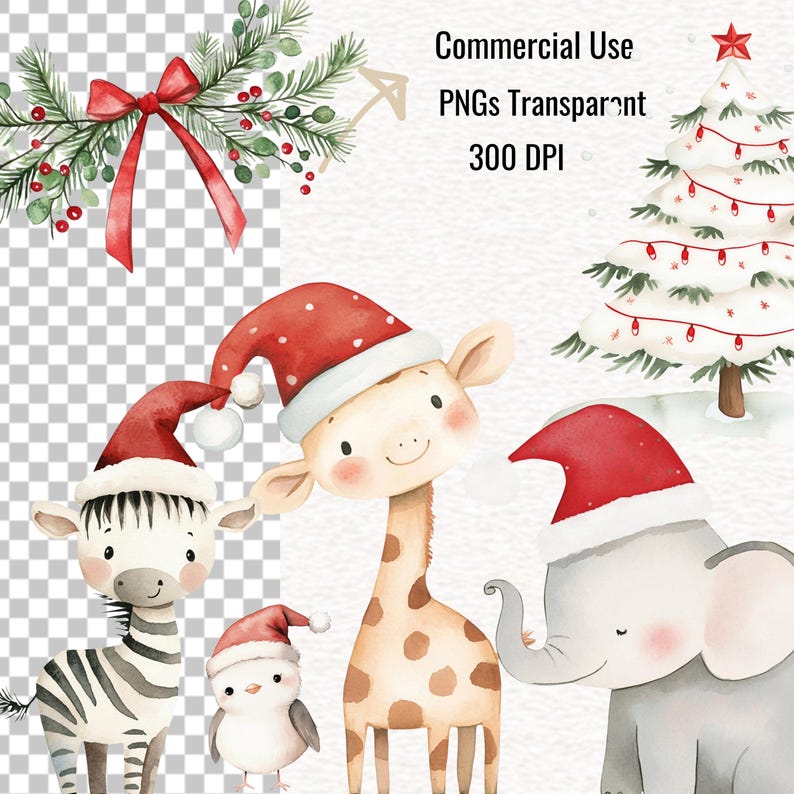Safari Christmas Clipart Cute Animal Xmas Image Watercolor Forest ...