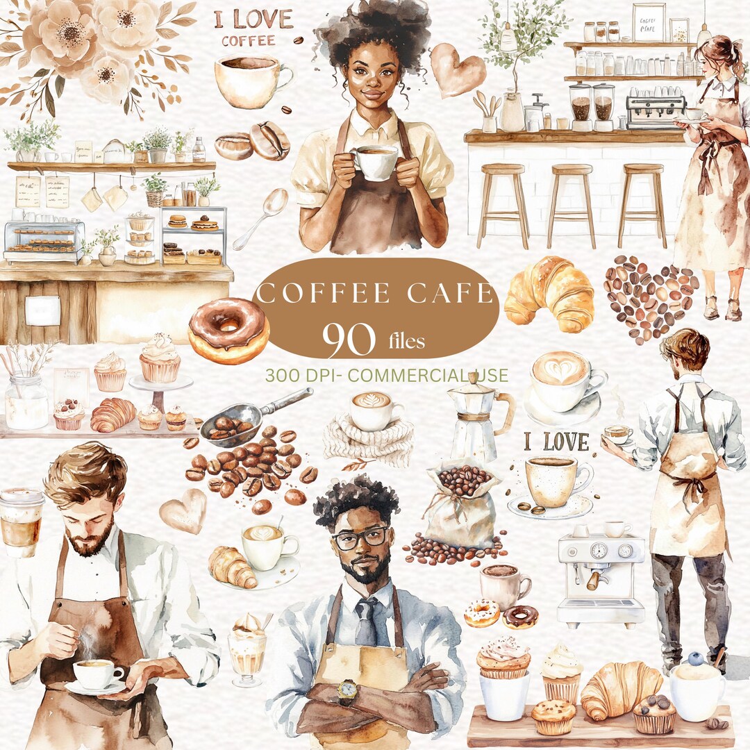 Coffee Cafe Clipart Boho Lover Clipart Watercolor Cozy Coffee Shop Clip ...