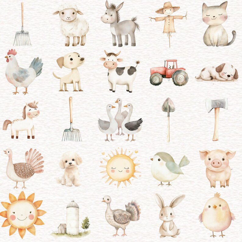 165 Watercolor Farm Animals Clipart Cute Kid Farm Life Clip Art Animal ...