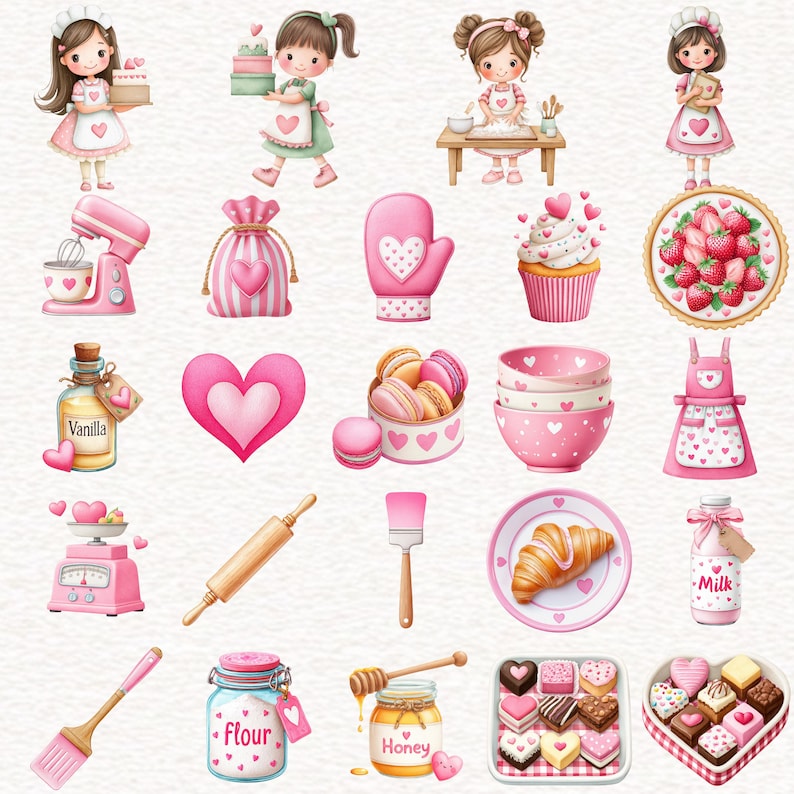Valentine Baking Clipart Pink Baking Png Cute Little Bakers Watercolor ...