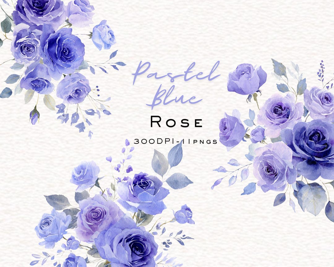 Watercolor Pastel Blue Roses Clipart, Floral Indigo Blue PNG, Wedding ...