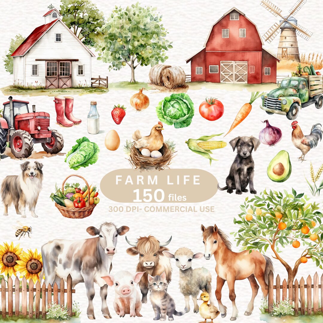 150 Watercolor Farm Life Clipart, Cute Farm Clipart, Farm Animal ...