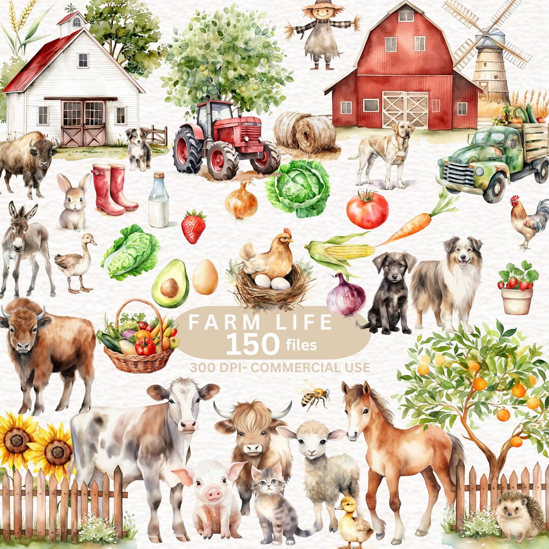 150 Watercolor Farm Life Clipart, Cute Farm Clipart, Farm Animal ...