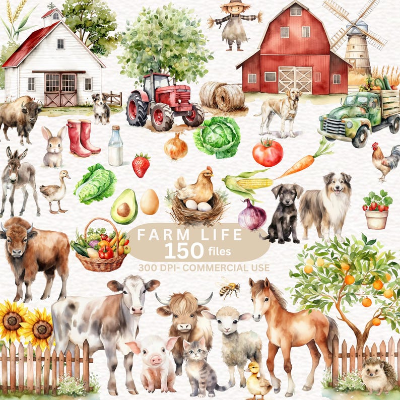 150 Watercolor Farm Life Clipart, Cute Farm Clipart, Farm Animal ...