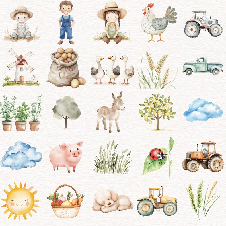Little Farm Animals Clipart Watercolor Cute Kid Farm Life Clip Art ...