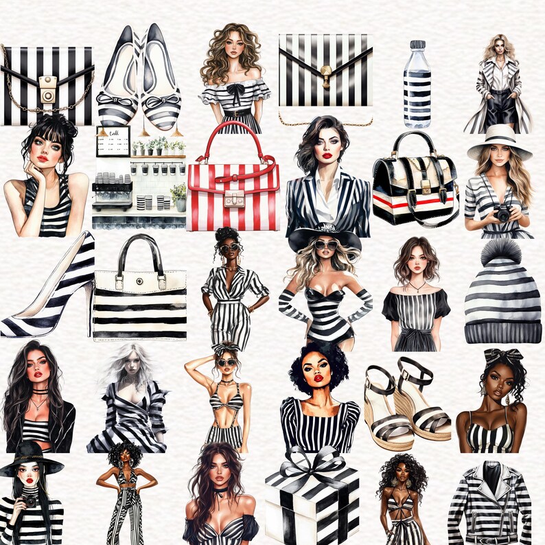 Stripe Fashion Clipart, Watercolor Fashionista Stripes Chic Girl ...