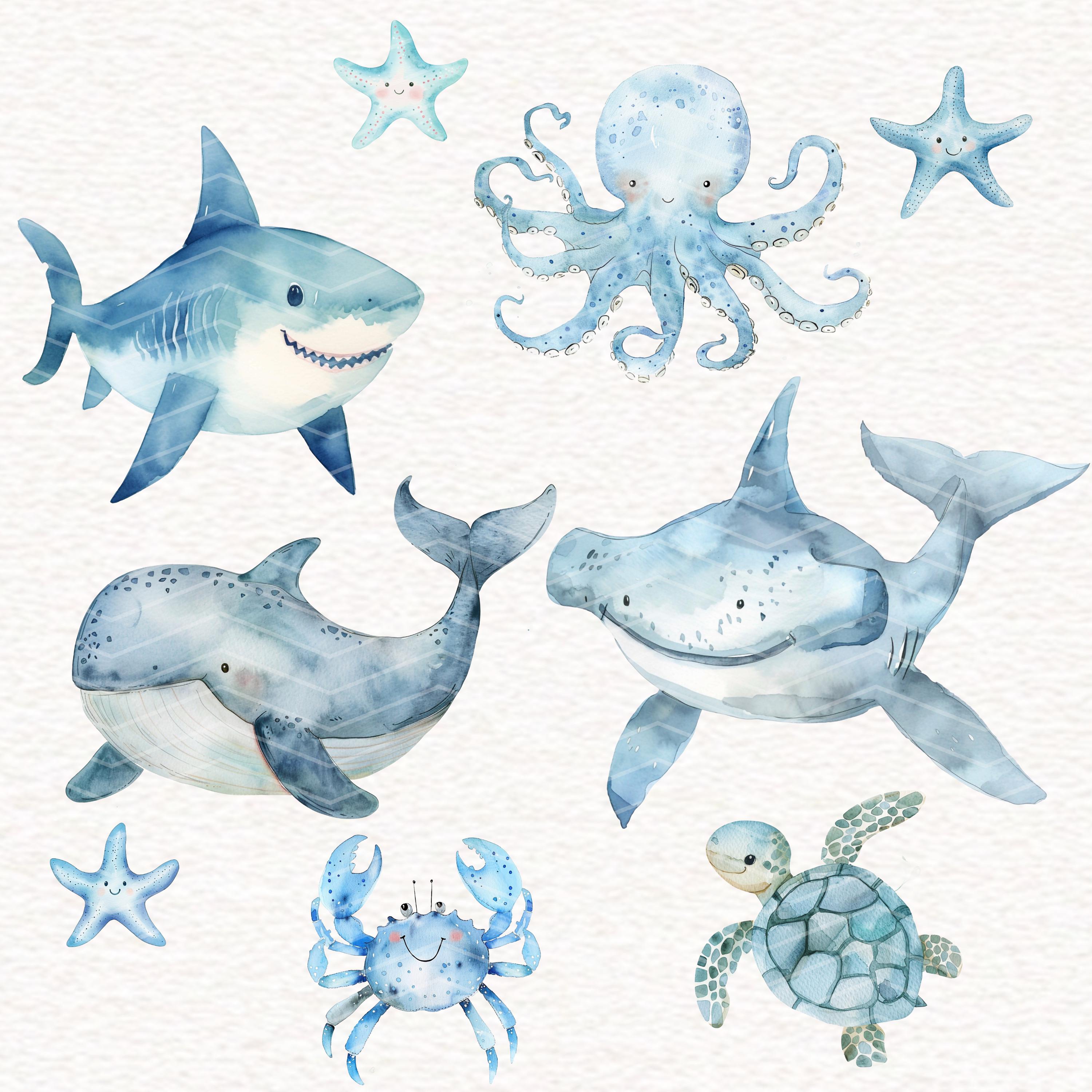 80 Watercolor Undersea Animals Clipart, Cute Ocean Animals Clipart ...
