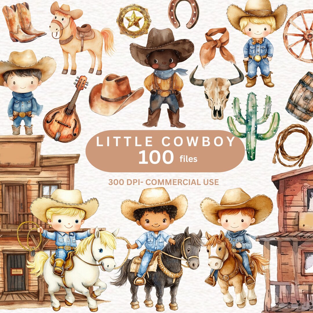 100 Cute Cowboy Clipart, Baby Western Watercolor Clipart, Rodeo ...