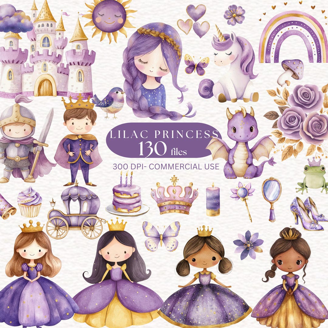 Watercolor Lilac Princess Clipart Castle Unicorn Starry Sky Fantasy PNG ...
