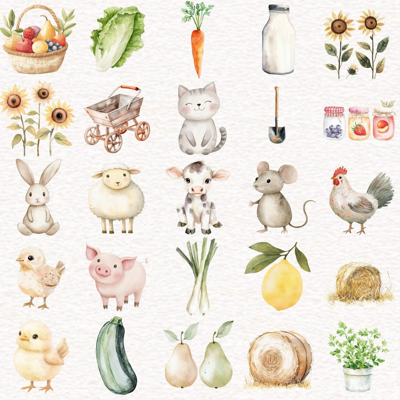 Little Farm Animals Clipart Watercolor Cute Kid Farm Life Clip Art ...