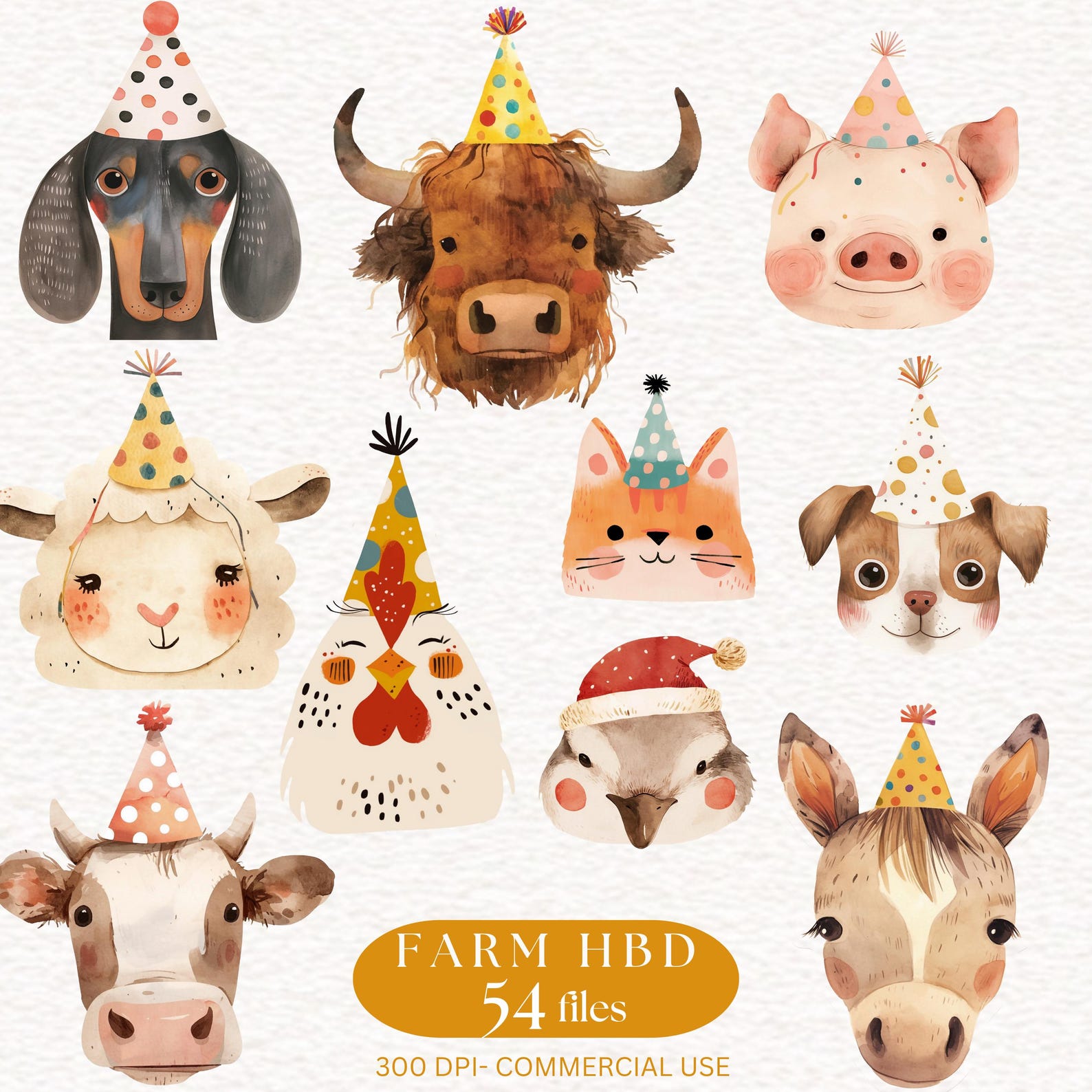 Birthday Farm Animals Party Clipart Cute Farm Watercolor Clipart Animal ...