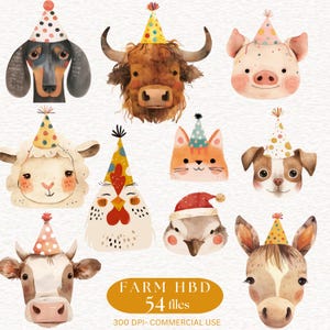 Birthday Farm Animals Party Clipart Cute Farm Watercolor Clipart Animal ...