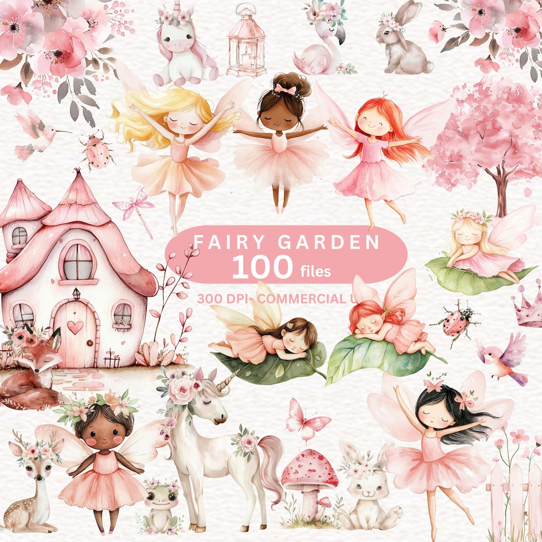 100 Pink Fairy Garden Clipart Watercolor Fairy Clipart Cute Little Girl ...
