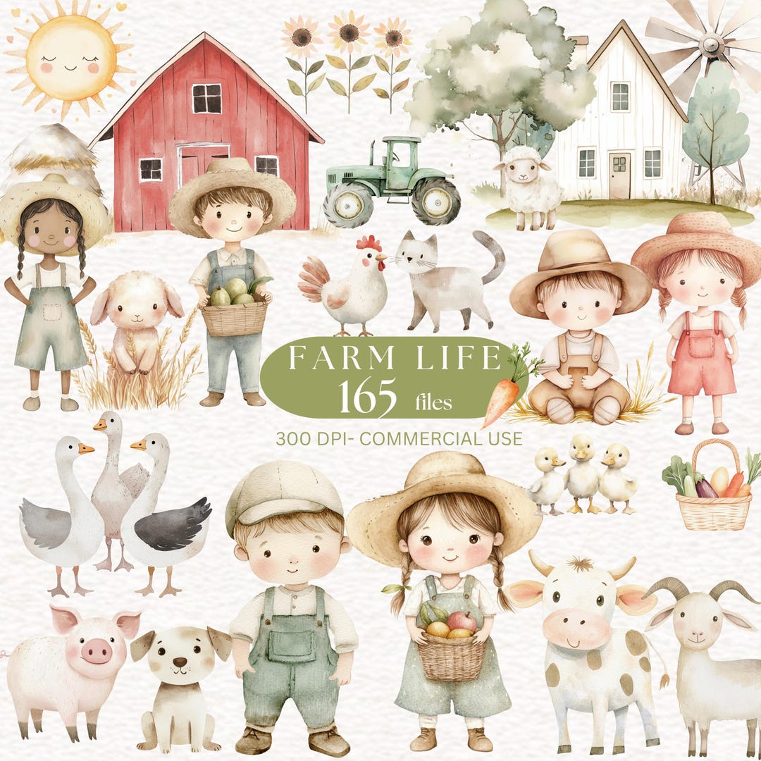 165 Watercolor Farm Animals Clipart Cute Kid Farm Life Clip Art Animal ...