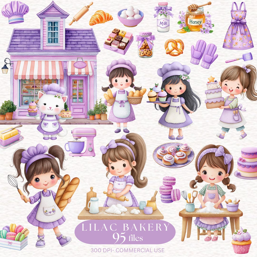 Lilac Baking Clipart Cute Little Bakers Png Watercolor Pastel Purple ...