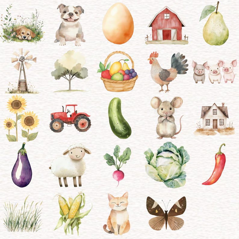 Little Farm Animals Clipart Watercolor Cute Kid Farm Life Clip Art ...