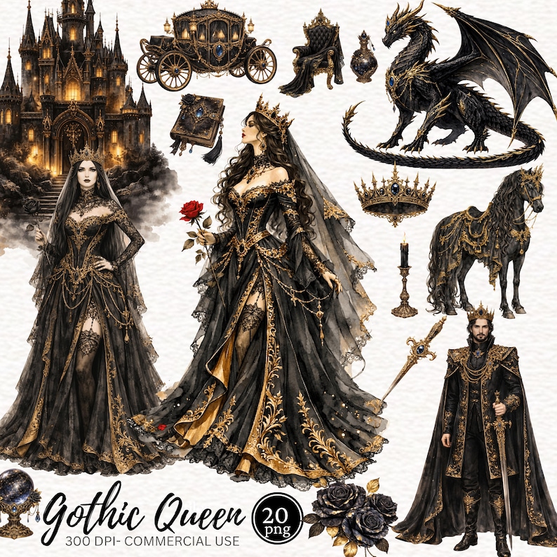 Gothic Queens Clipart, Black and Gold Dark Queen ,dark Fantasy Clipart ...