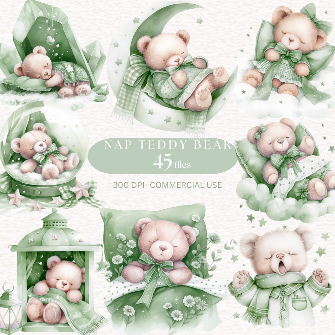 Green Nap Teddy Bear Watercolor Clipart Cute Pastel Green Teddy Bear ...