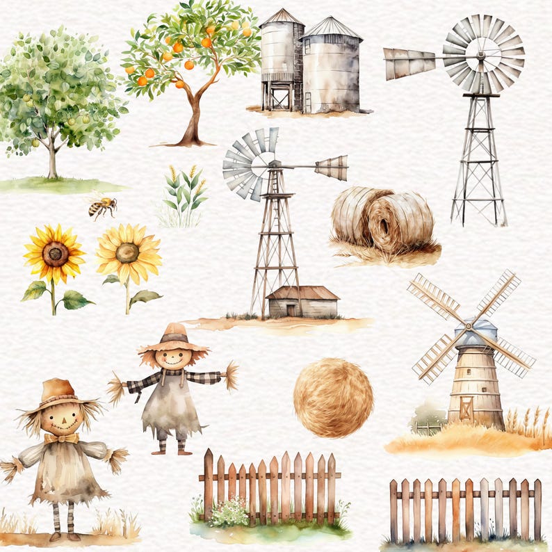 150 Watercolor Farm Life Clipart, Cute Farm Clipart, Farm Animal ...