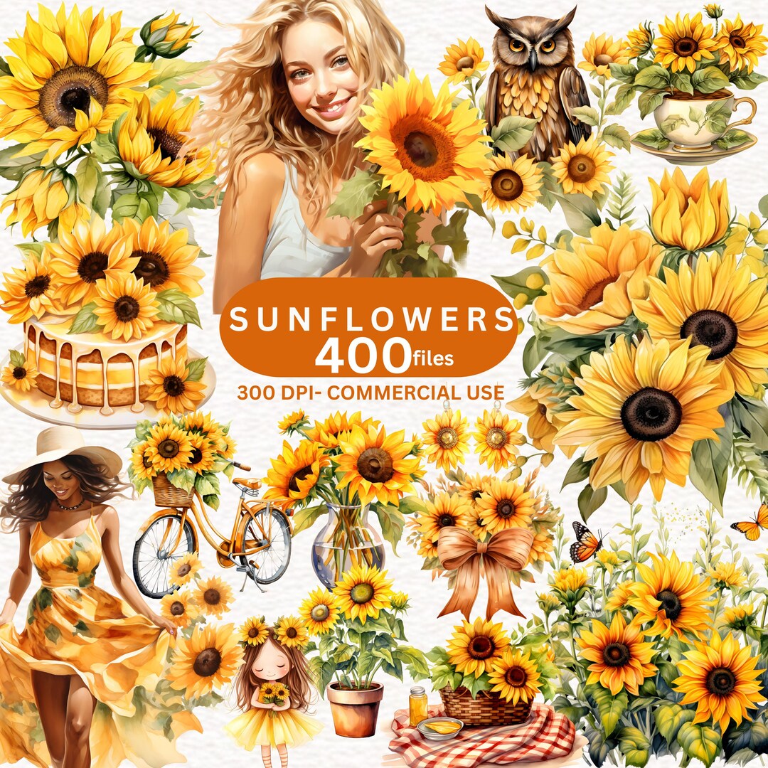 400 SUNFLOWERS Watercolor Clipart Flower Clipart Botanical Summer ...