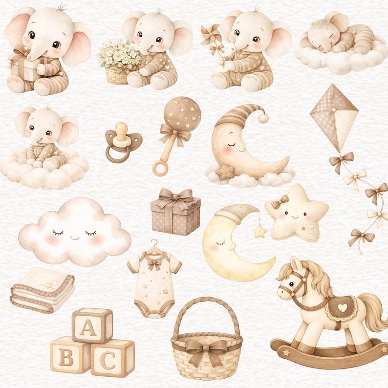 Watercolor Natural Beige Elephant Clipart Cute Animal Baby Shower Png ...