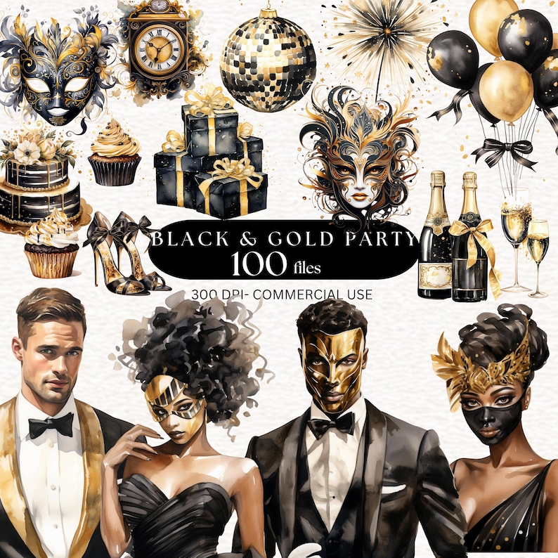 100 Black and Gold Watercolor Birthday Party Clipart Masquerade Clipart ...
