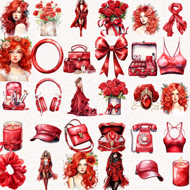 280 Red Fashion Watercolor Clipart Red Flower Clipart Fashion ...