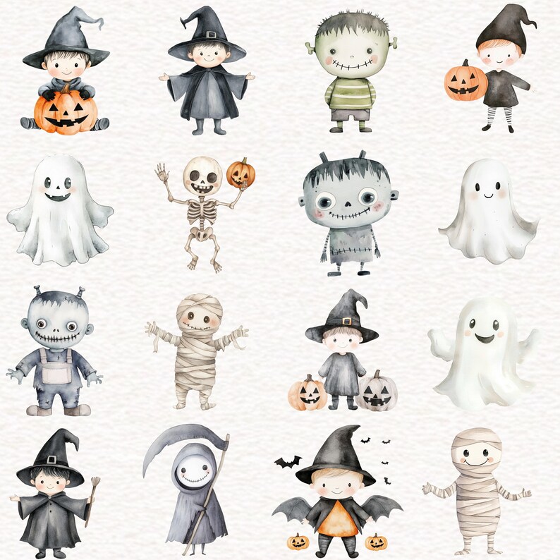 150 Watercolor Cute Halloween Clipart Witch Pumpkin Clipart Kid ...