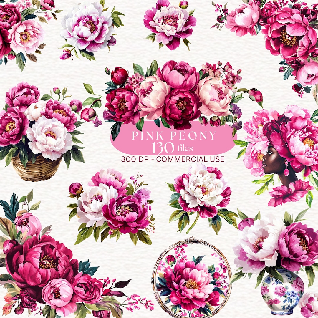 130 Watercolor Pink Peony Clipart Vibrant Pink Floral Clipart Hot Pink ...