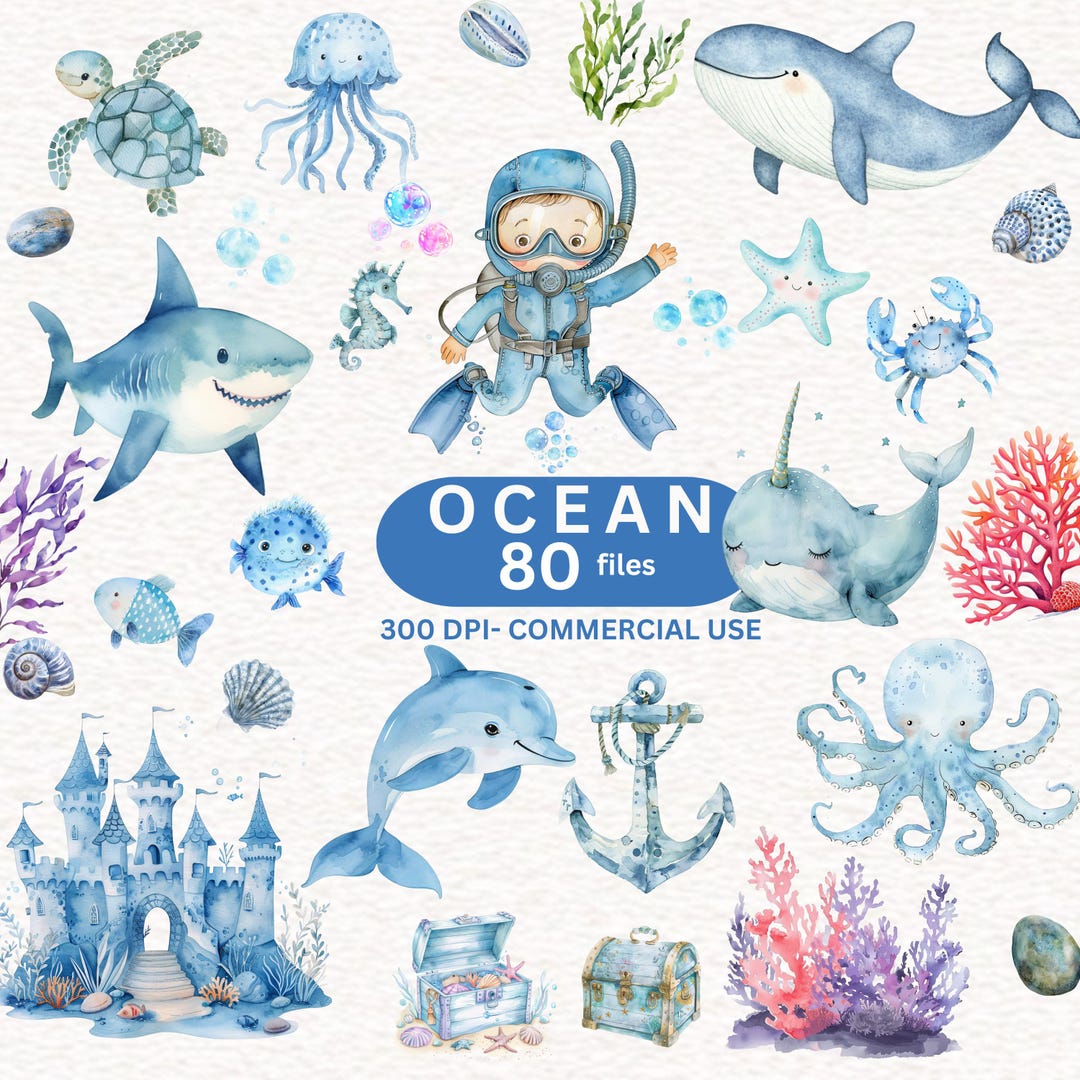 80 Watercolor Undersea Animals Clipart, Cute Ocean Animals Clipart ...