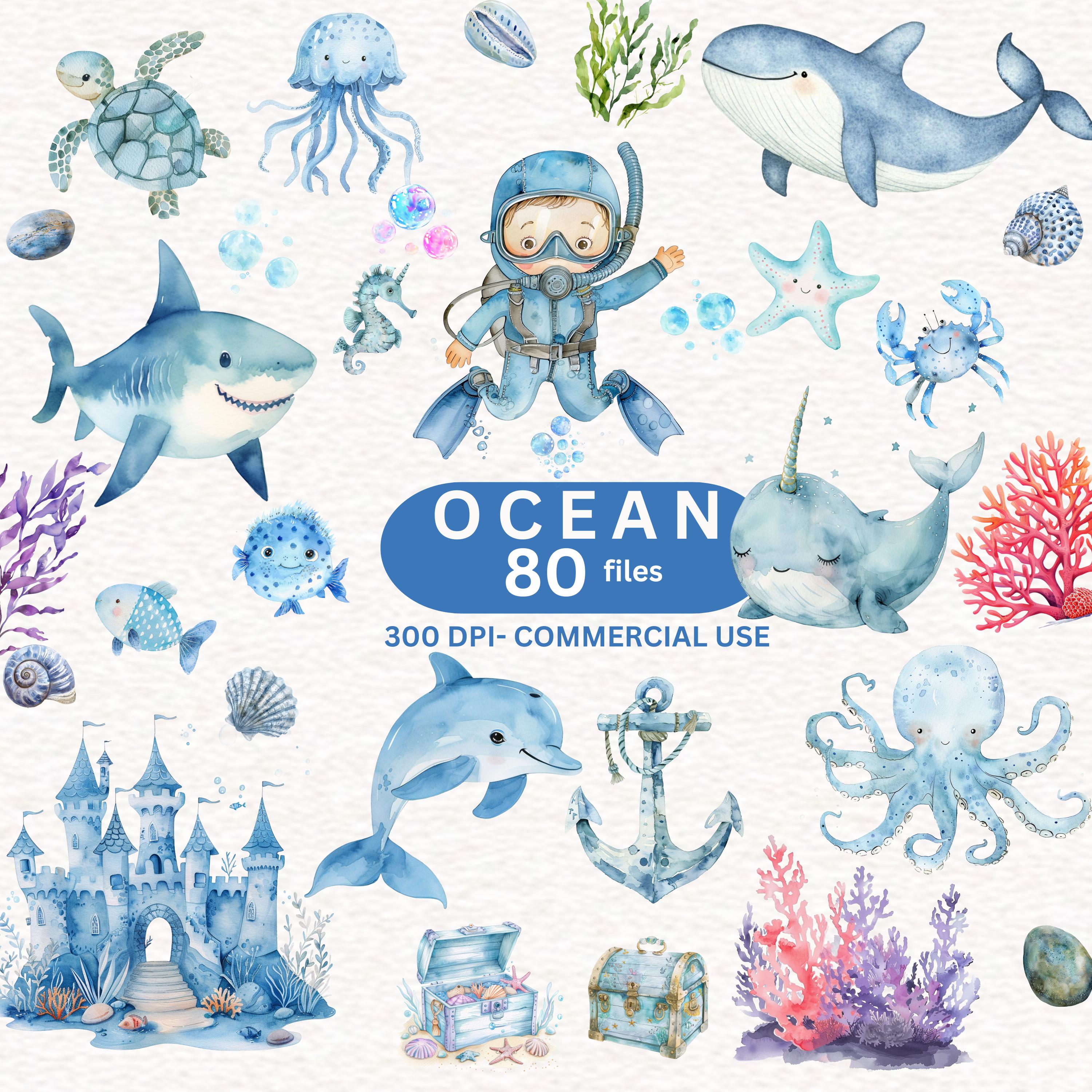 80 Watercolor Undersea Animals Clipart, Cute Ocean Animals Clipart ...