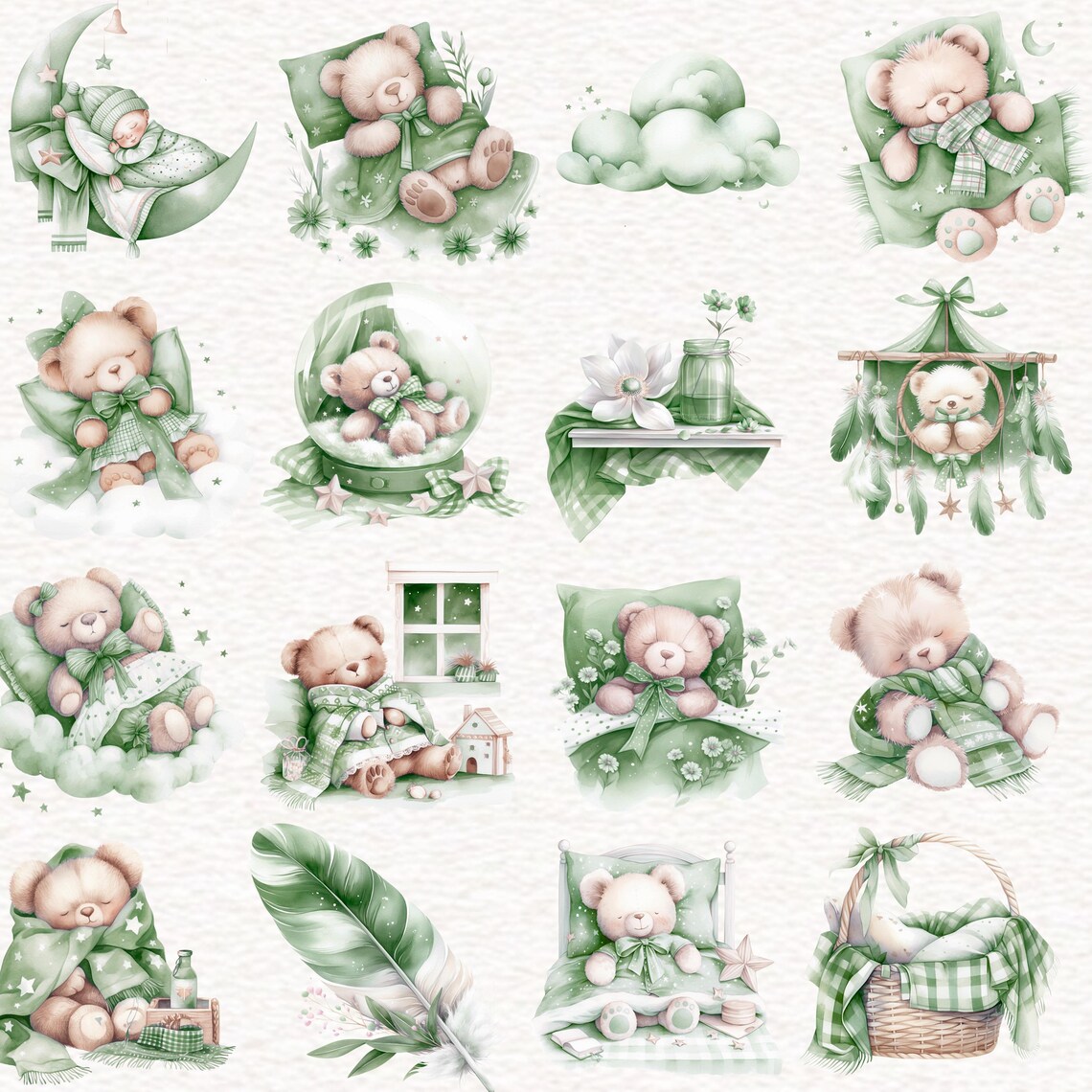 Green Nap Teddy Bear Watercolor Clipart Cute Pastel Green Teddy Bear ...