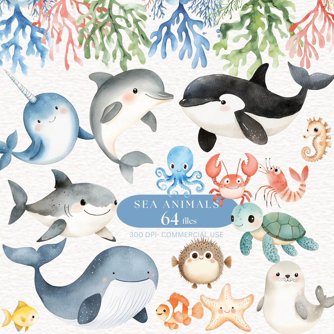 Watercolor Undersea Animals Clipart, Cute Ocean Animals Image ...