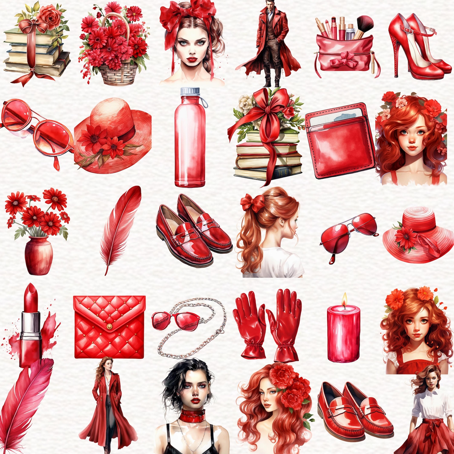 280 Red Fashion Watercolor Clipart Red Flower Clipart Fashion ...