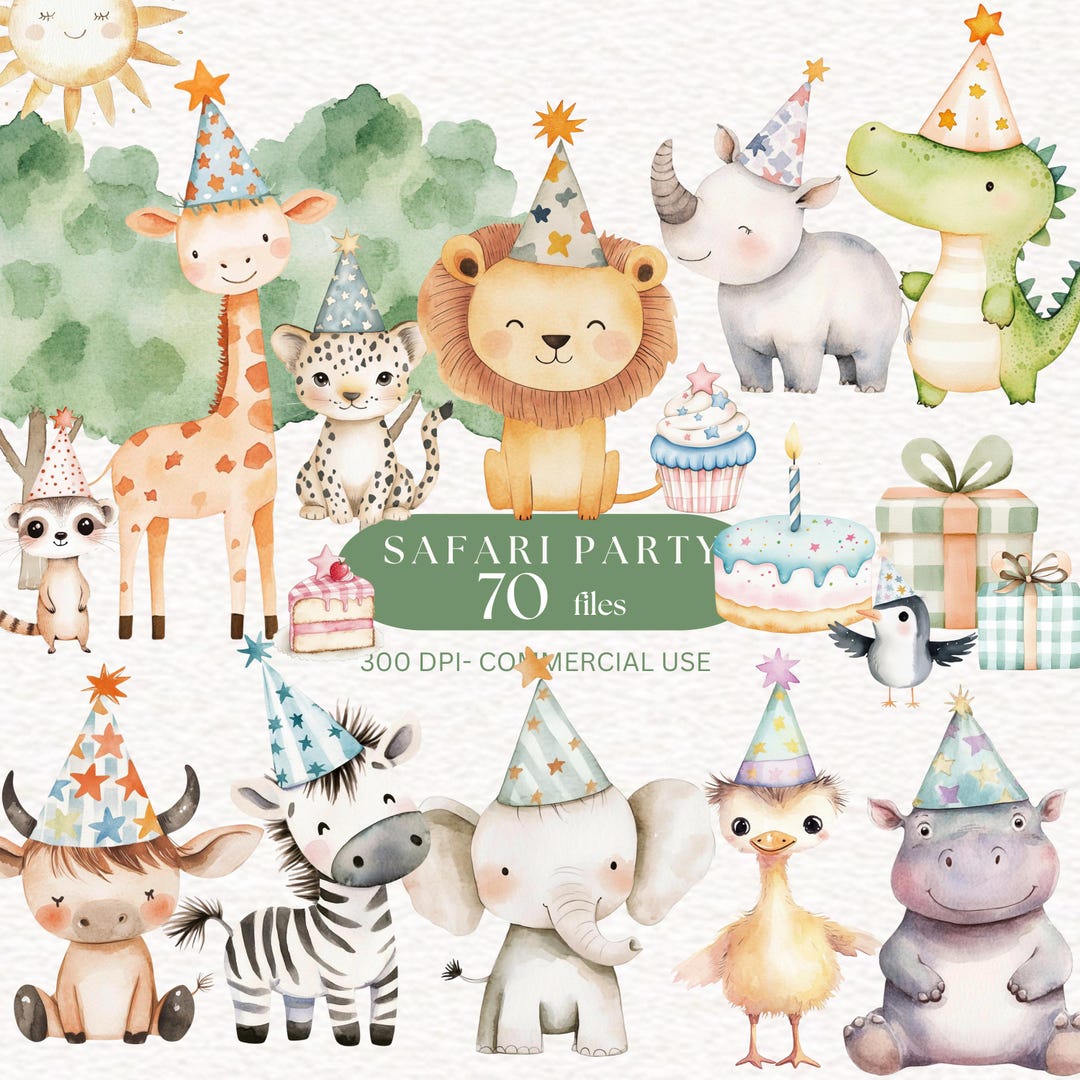 Safari Birthday Clipart Cute Animal Clipart Image Watercolor Forest ...