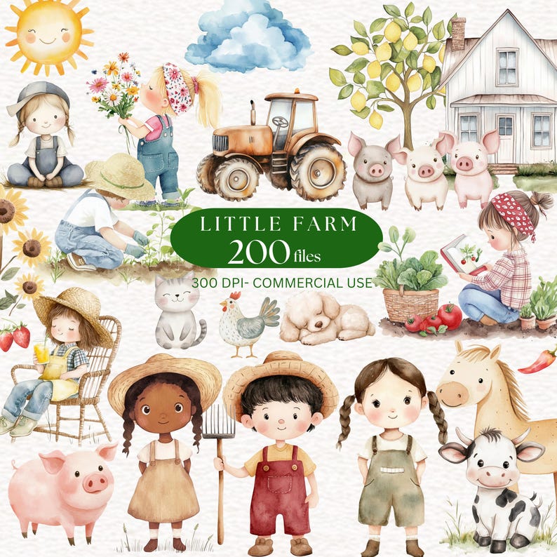 Little Farm Animals Clipart Watercolor Cute Kid Farm Life Clip Art ...