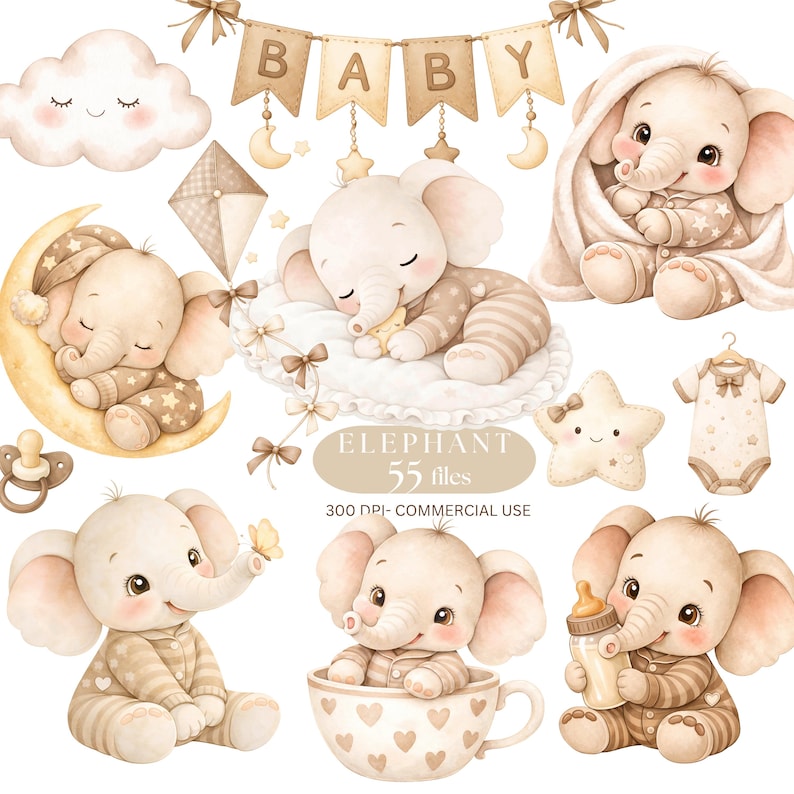 Watercolor Natural Beige Elephant Clipart Cute Animal Baby Shower Png ...