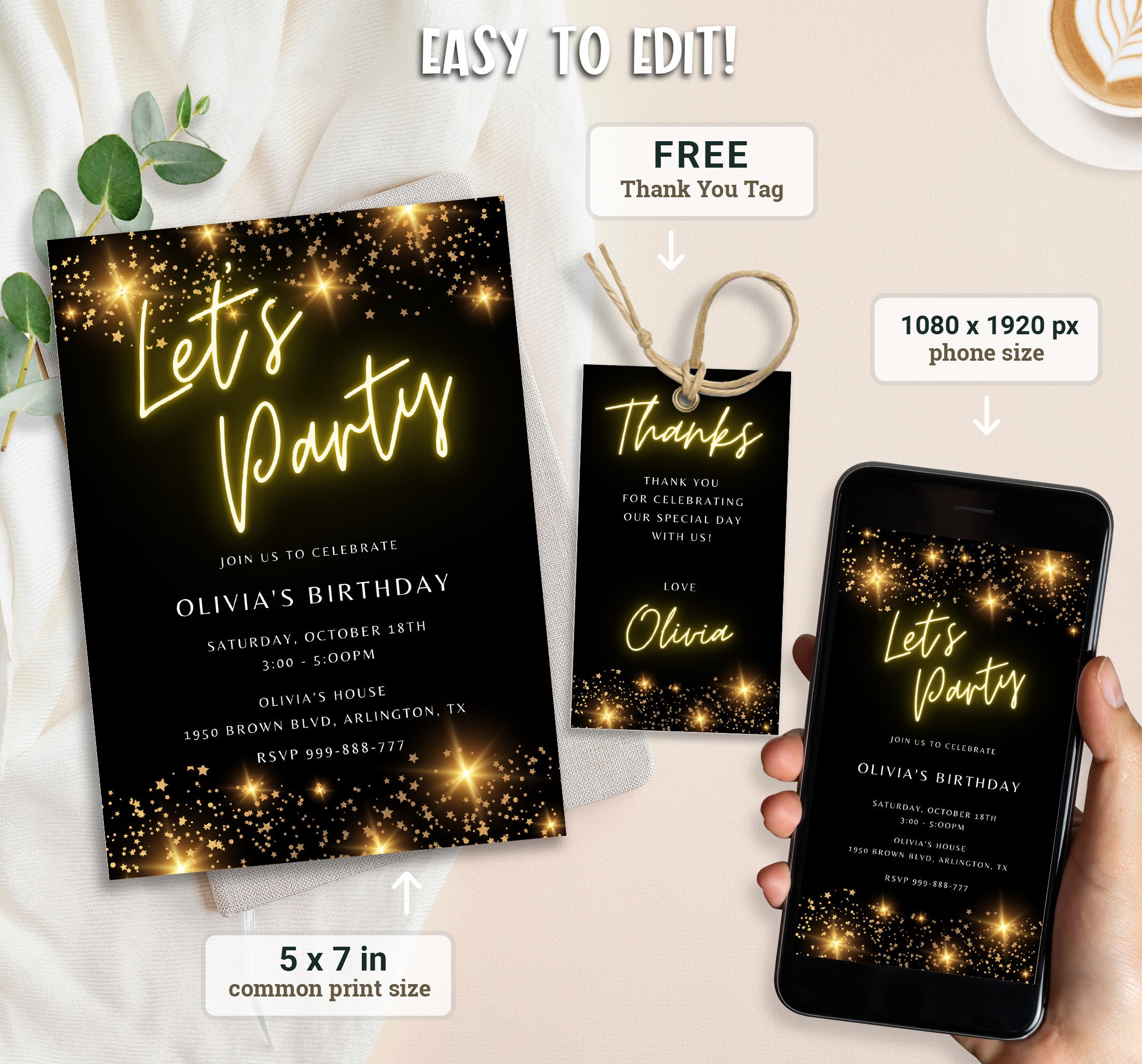 Black Simple Birthday Invitation Template, Black Minimalist Birthday ...