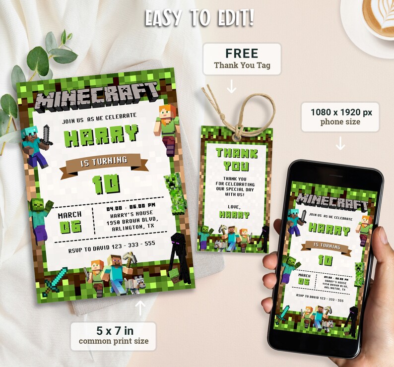 Editable Minecraft Birthday Invitation, Minecraft Birthday Invitation ...