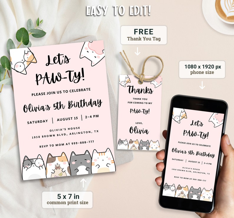 Editable Cat Birthday Invitation Template: Any Age (instant Download ...