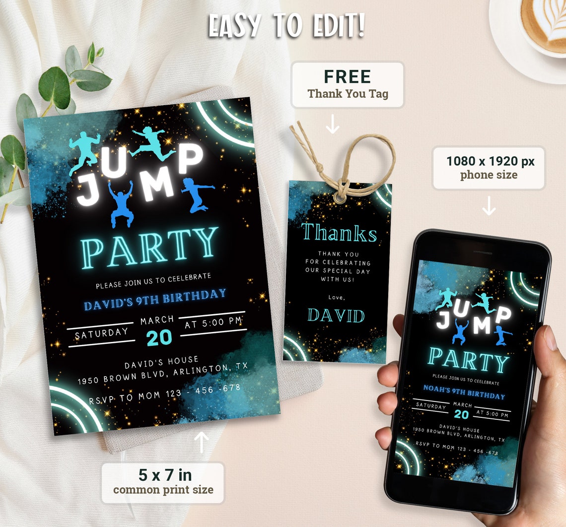 EDITABLE Jump Party Invitation, Trampoline Park Birthday Invitation ...
