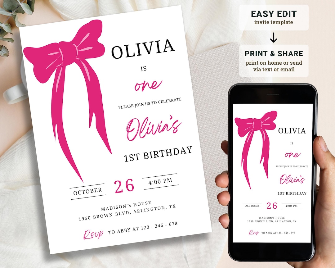EDITABLE Pink Bow Birthday Invitation, Pink Bow First Birthday ...