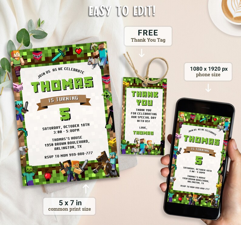 Editable Minecraft Birthday Invitation, Minecraft Birthday Invitation ...