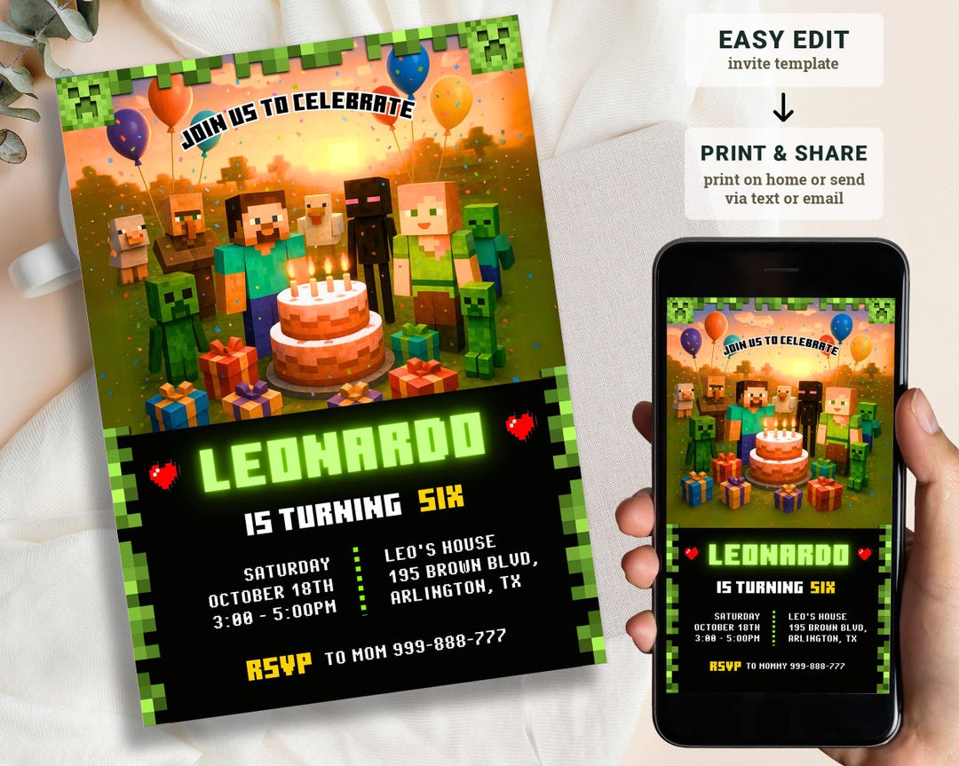 Editable Minecraft Birthday Invitation Minecraft Party Invite Gamer ...