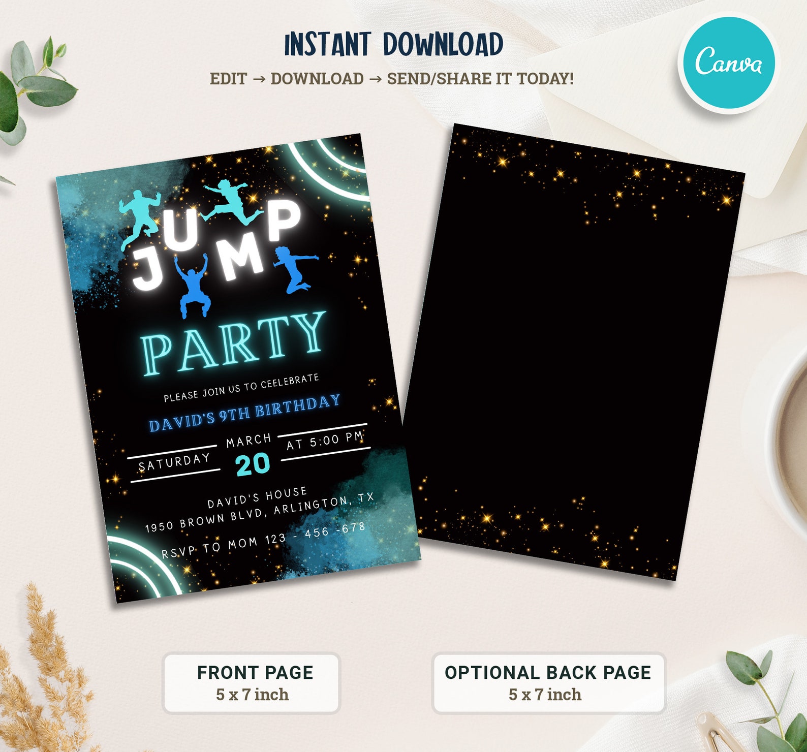 EDITABLE Jump Party Invitation, Trampoline Park Birthday Invitation ...